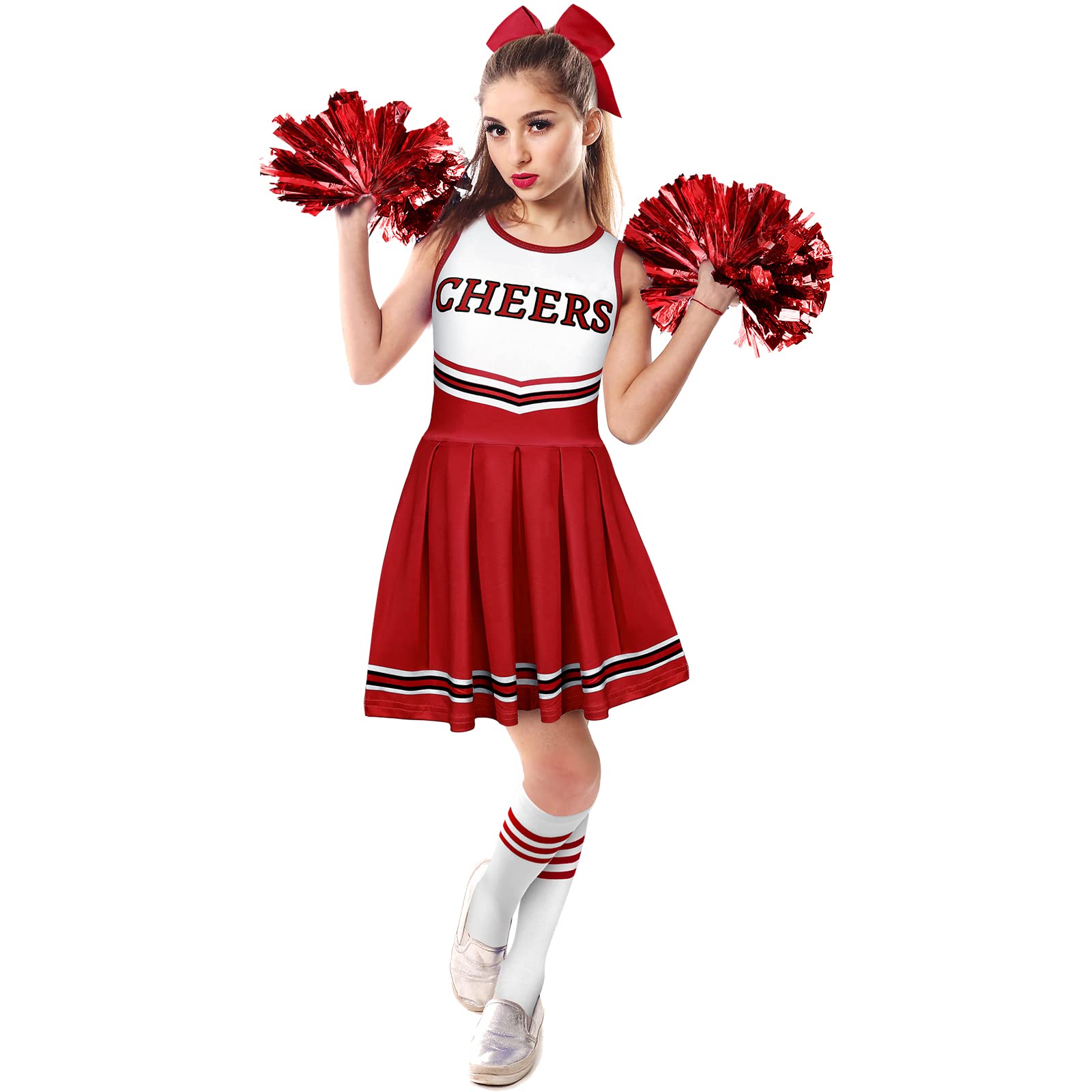 4 Pcs Girls Halloween Cheerleader Costume Outfit Set Fancy Dress for Kids Halloween Birthday Party (9 to 10 Years Old)