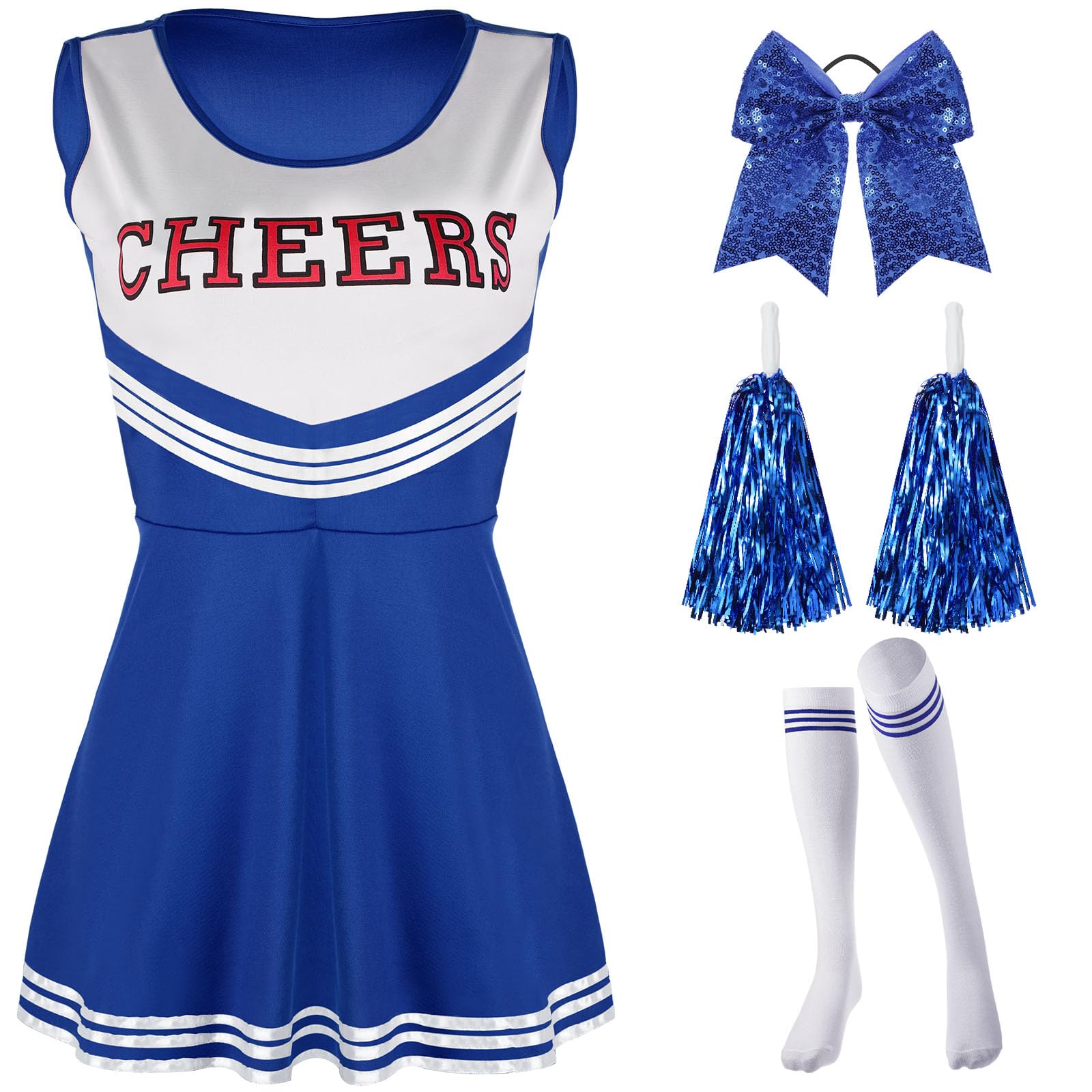 SATINIOR 4 Pcs Halloween Cheerleader Costumes for Women Girls Cheer Outfit Fancy Dress for Halloween Party (Blue, X Large)