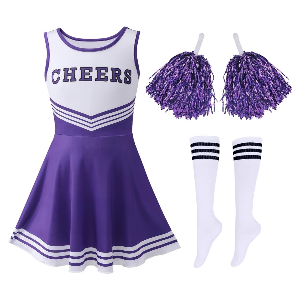 Blaward Girls Cheerleader Costume Set Cheerleading Uniform Outfits with Pom Poms Socks for Halloween Birthday Party Cosplay