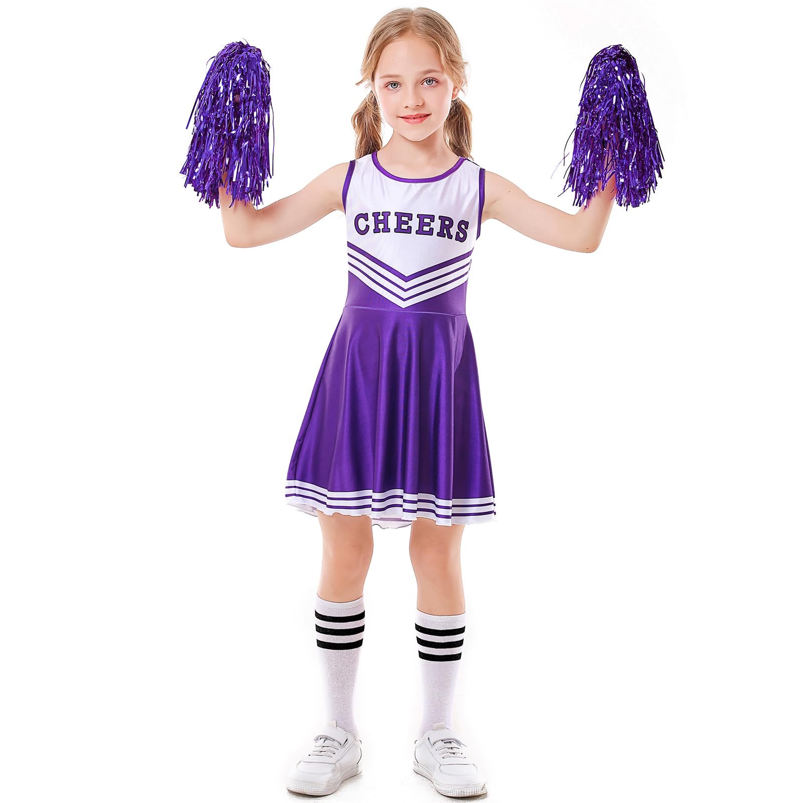 Blaward Girls Cheerleader Costume Set Cheerleading Uniform Outfits with Pom Poms Socks for Halloween Birthday Party Cosplay