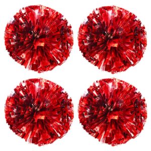 ttsam 4 pack (2 pair) metallic foil cheerleader pom poms & plastic ring cheer poms with baton handle cheerleading pompoms for sports party dance team accessories cheering squad spirit (red & silver)