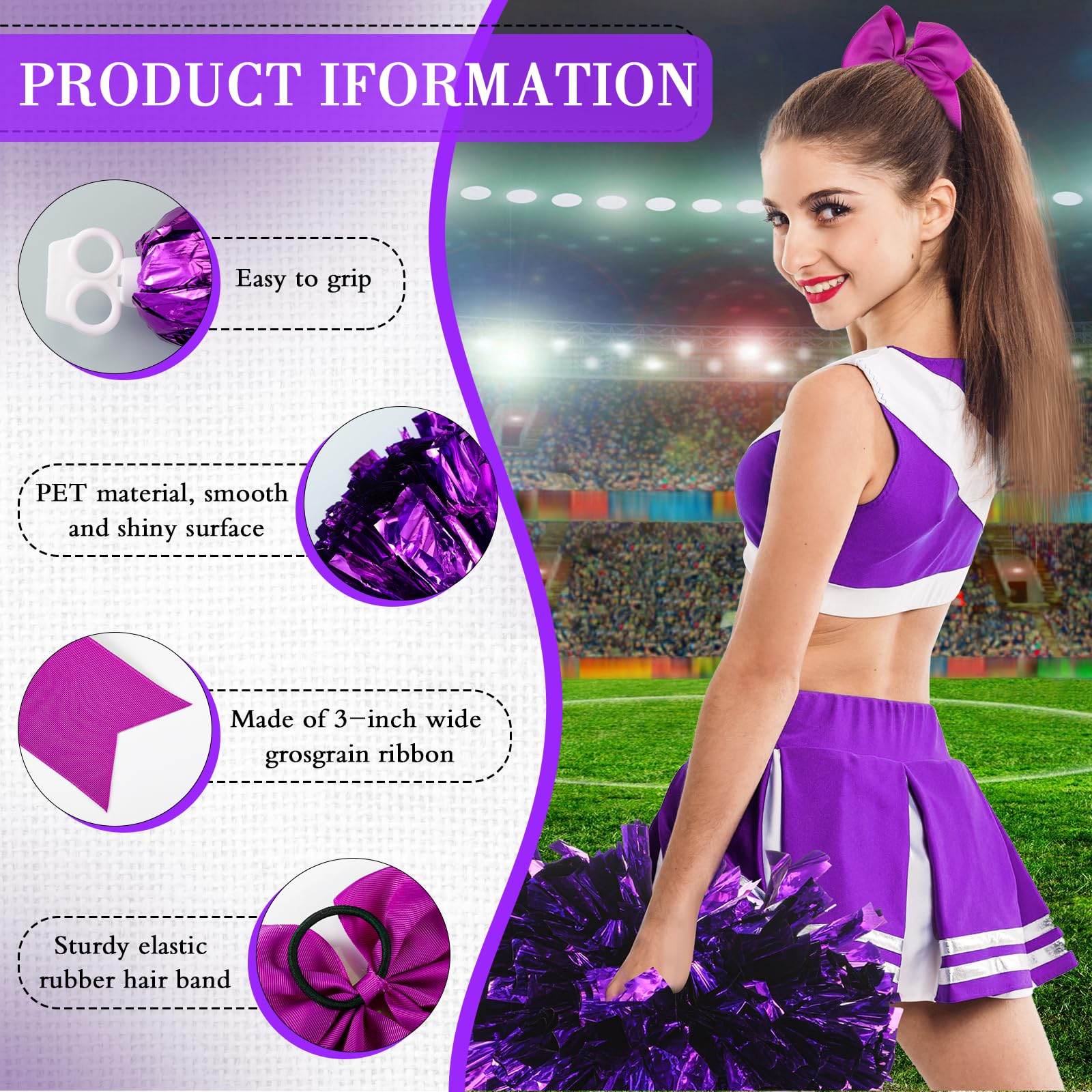 Hanaive 3 Pcs Cheerleading Pom Poms and Large Cheerleader Hair Bow for Girl Metallic Cheer Pom Poms for Teen Dance (Purple Pom,Classic Style)