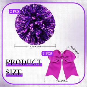 Hanaive 3 Pcs Cheerleading Pom Poms and Large Cheerleader Hair Bow for Girl Metallic Cheer Pom Poms for Teen Dance (Purple Pom,Classic Style)