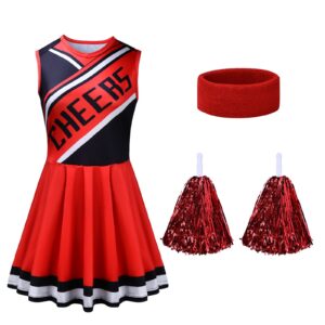 aomig girl's cheerleader costumes - cheerleader uniform dress without sleeve with pom poms and headband, girl's school musical birthday party costumes cheerleader suit(s,red)