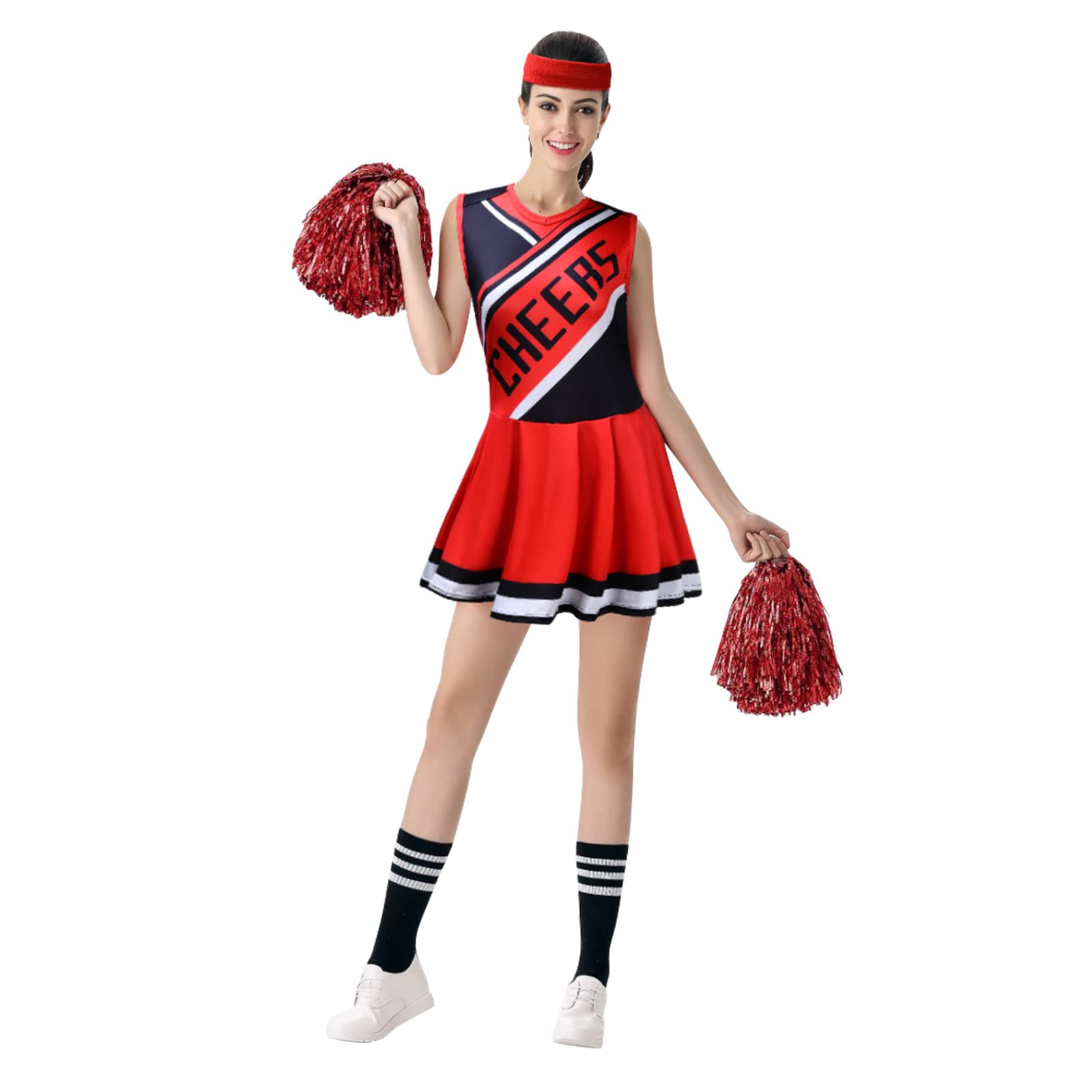 AOMIG Girl's Cheerleader Costumes - Cheerleader Uniform Dress without Sleeve with Pom Poms and Headband, Girl's School Musical Birthday Party Costumes Cheerleader Suit(S,Red)