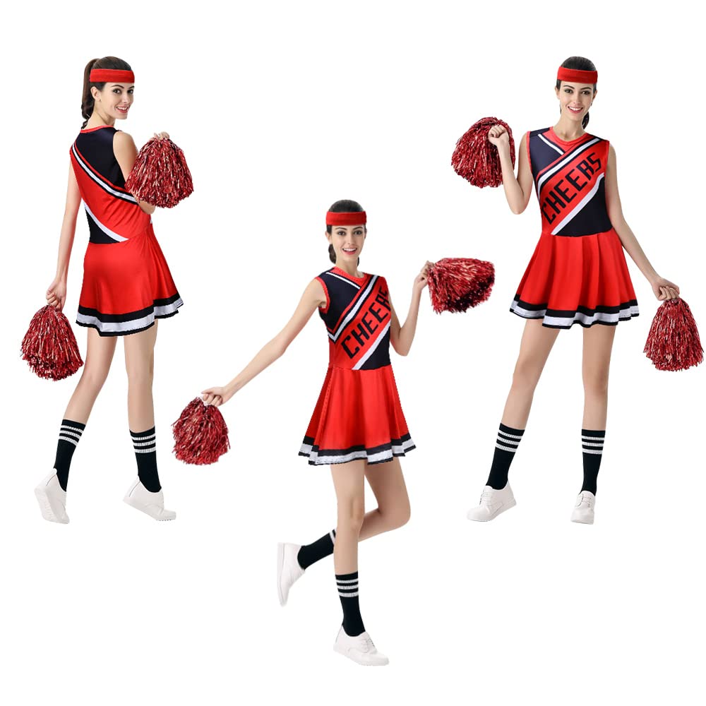 AOMIG Girl's Cheerleader Costumes - Cheerleader Uniform Dress without Sleeve with Pom Poms and Headband, Girl's School Musical Birthday Party Costumes Cheerleader Suit(S,Red)