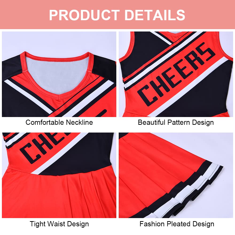 AOMIG Girl's Cheerleader Costumes - Cheerleader Uniform Dress without Sleeve with Pom Poms and Headband, Girl's School Musical Birthday Party Costumes Cheerleader Suit(S,Red)