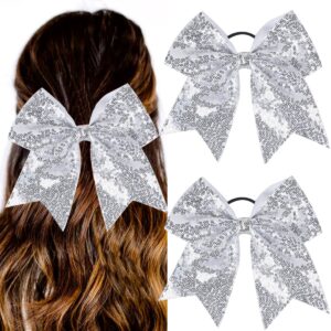 2 pcs 7" large glitter cheer bows sequin cheer hair bow ties with elastic shiny hair bows ponytail holder handmade for cheerleader girls softball sports hair accessories for teens kids(silver)