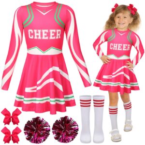 tisancy 6 pcs halloween cheerleader costume for girls set toddler cheerleader outfit with pom poms, hair bows and socks (classic style,large)