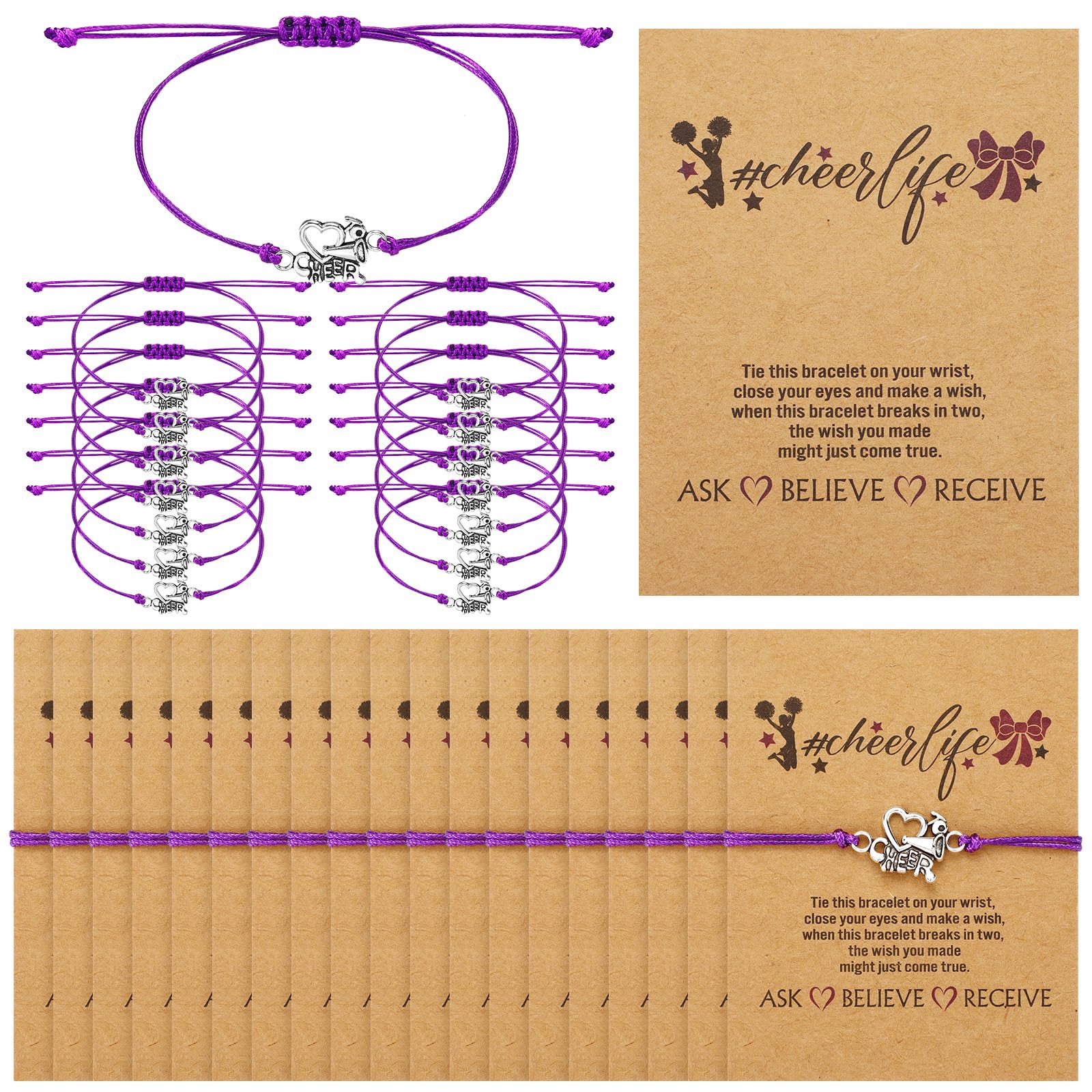 Huquary 24 Pcs Cheerleader Gifts Set Cheer Bracelets and Cheerlife Wish Card Adjustable Cheerleading Charm Bracelets Cheer Team Gifts for Kids Cheer Team Cheerleader Jewelry Accessories (Purple)