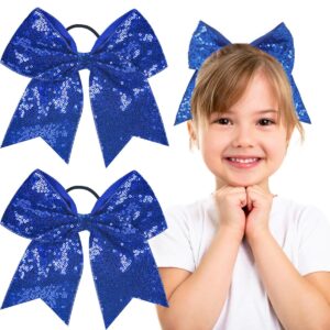 2 pcs 8" large cheer bows sequin cheer hair bows ponytail holders cheerleading bows for jumbo cheerleading teen girls sports (blue)