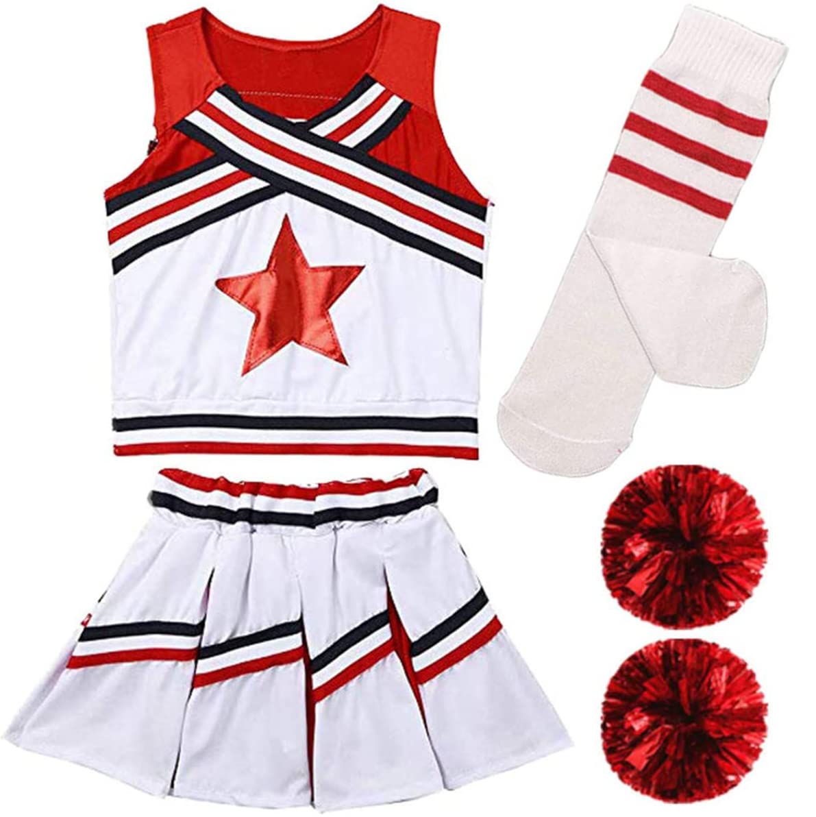 STARINGIRL Girls Kids Cheerleader Uniform Dance Crop Top with Skirt Knee Socks Match Pom poms Set Dress Outfits Set