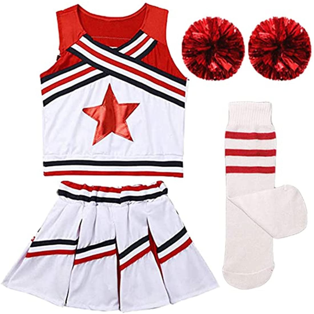 STARINGIRL Girls Kids Cheerleader Uniform Dance Crop Top with Skirt Knee Socks Match Pom poms Set Dress Outfits Set