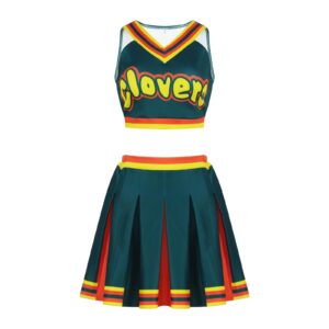 2 Piece Women Cheerleader Costume Top Skirt Sets Cosplay Cheer Outfit Halloween Cheerleading Party Dark Green XS