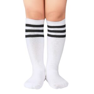 american trends kids toddler soccer socks knee high tube long socks three stripes cotton uniform sports socks for child boys girls 1 pack white black 6-9 years