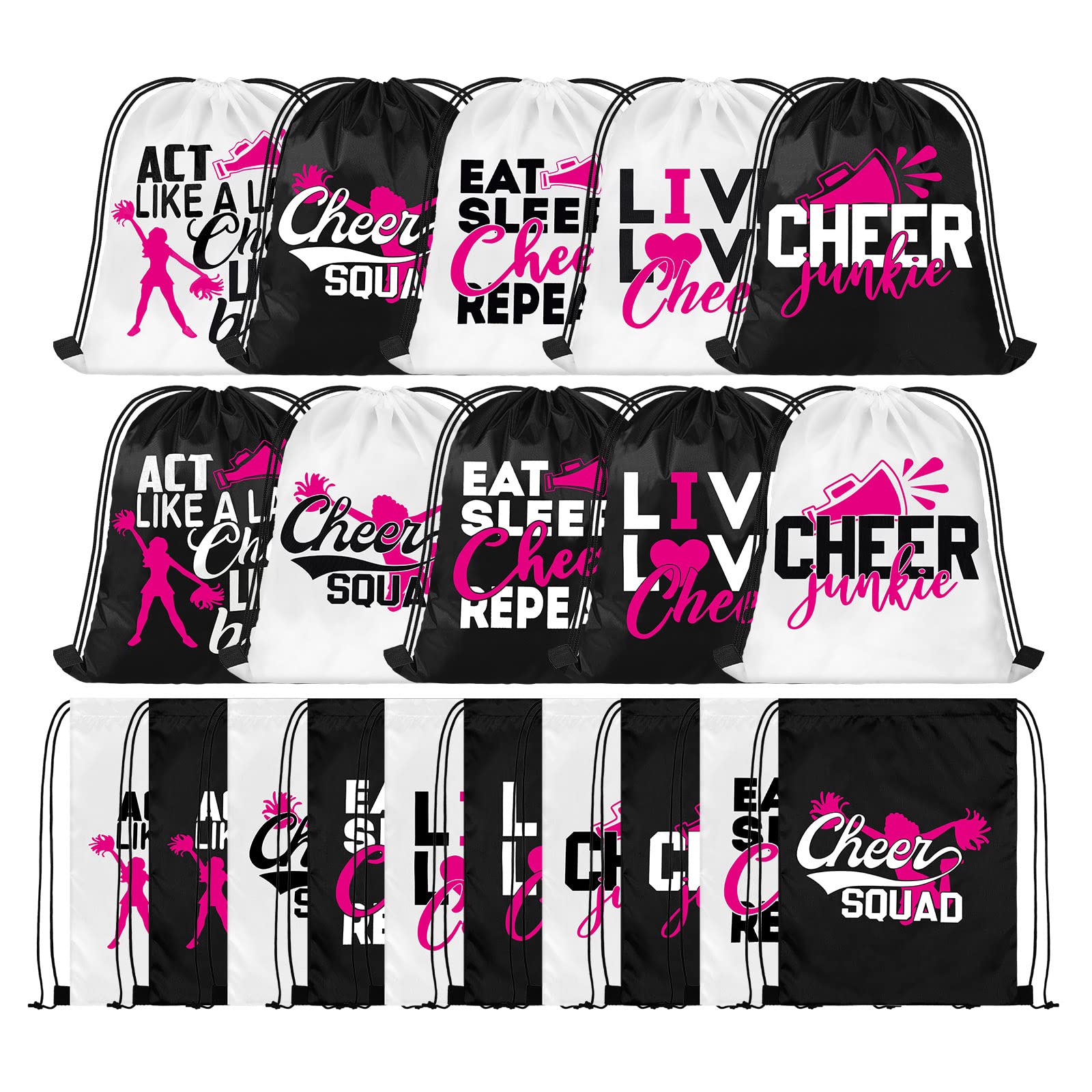 Pinkunn 20 Pcs Cheer Drawstring Backpack Cheerleading Drawstring Gym Bag Cheerleader Gifts Cheer Accessories for Cheerleaders (Rose Red, Black, White)