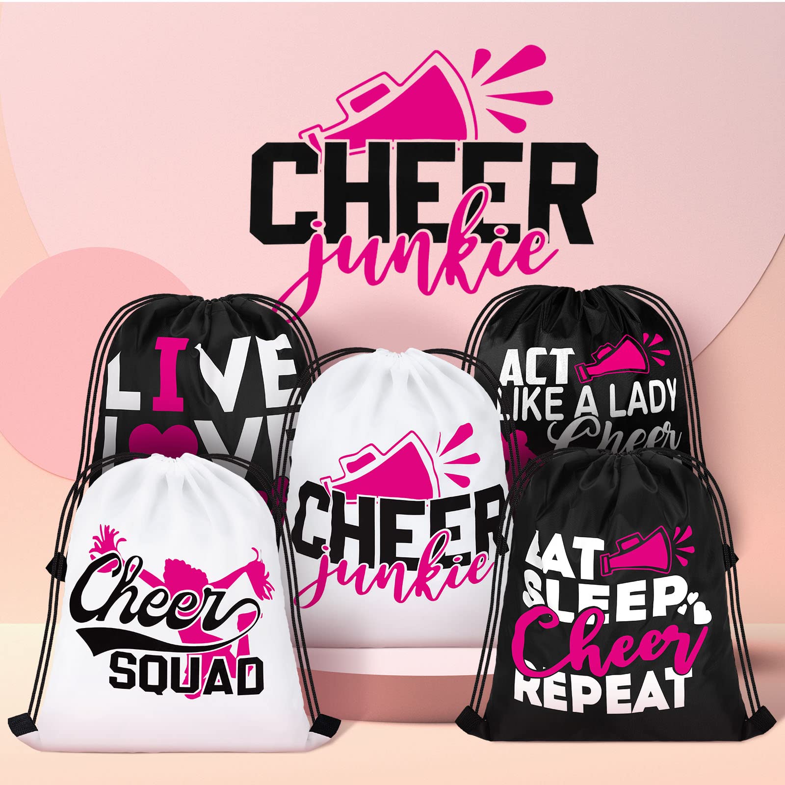 Pinkunn 20 Pcs Cheer Drawstring Backpack Cheerleading Drawstring Gym Bag Cheerleader Gifts Cheer Accessories for Cheerleaders (Rose Red, Black, White)