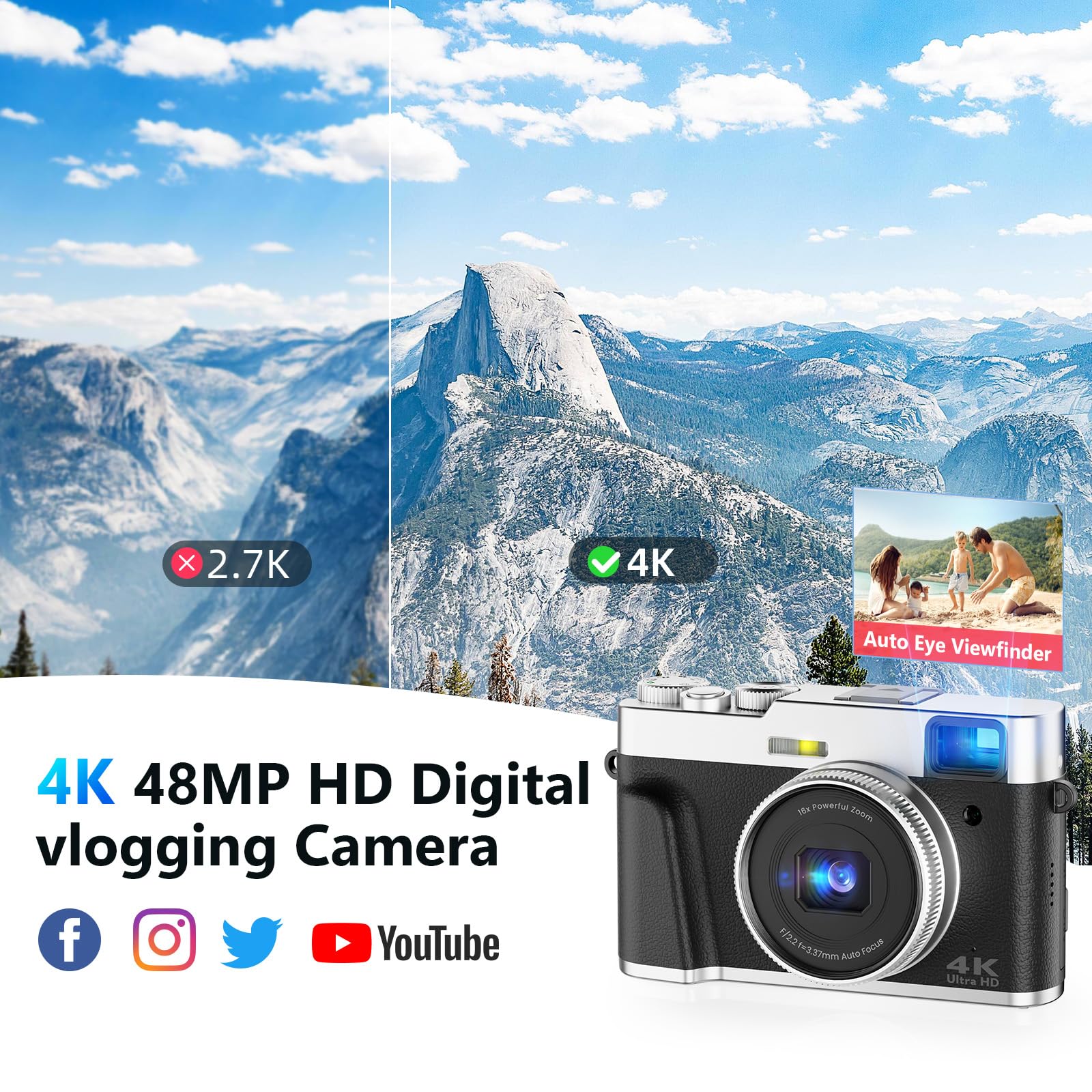 4K Digital Camera, Photography Autofocus 48MP YouTube Vlogging Camera, 16X Digital Zoom Video Camera Anti-Shake with 32GB Micro Card, Compact Point and Shoot Travel Cameras for Gifts(Black)