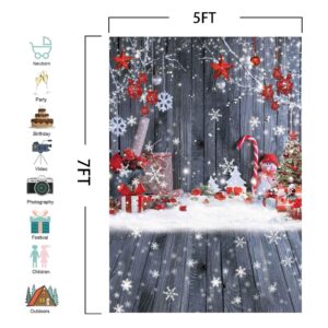 LIVUCEE 5X7FT Christmas Wood Wall Photography Banner Backdrop Winter Holiday Snowflake Xmas Tree Wood Floor Background Party Supplies Decor Photoshoot Studio Booth Props