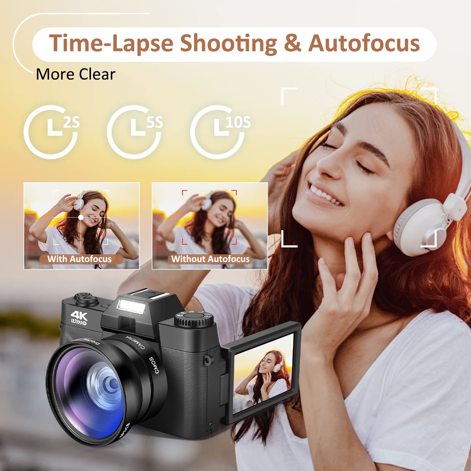 VENOAL 4K Digital Camera, Vlogging Camera for YouTube Compact Camera for Photography with 64GB SD Card 180°Flip Screen Point and Shoot Digital Cameras