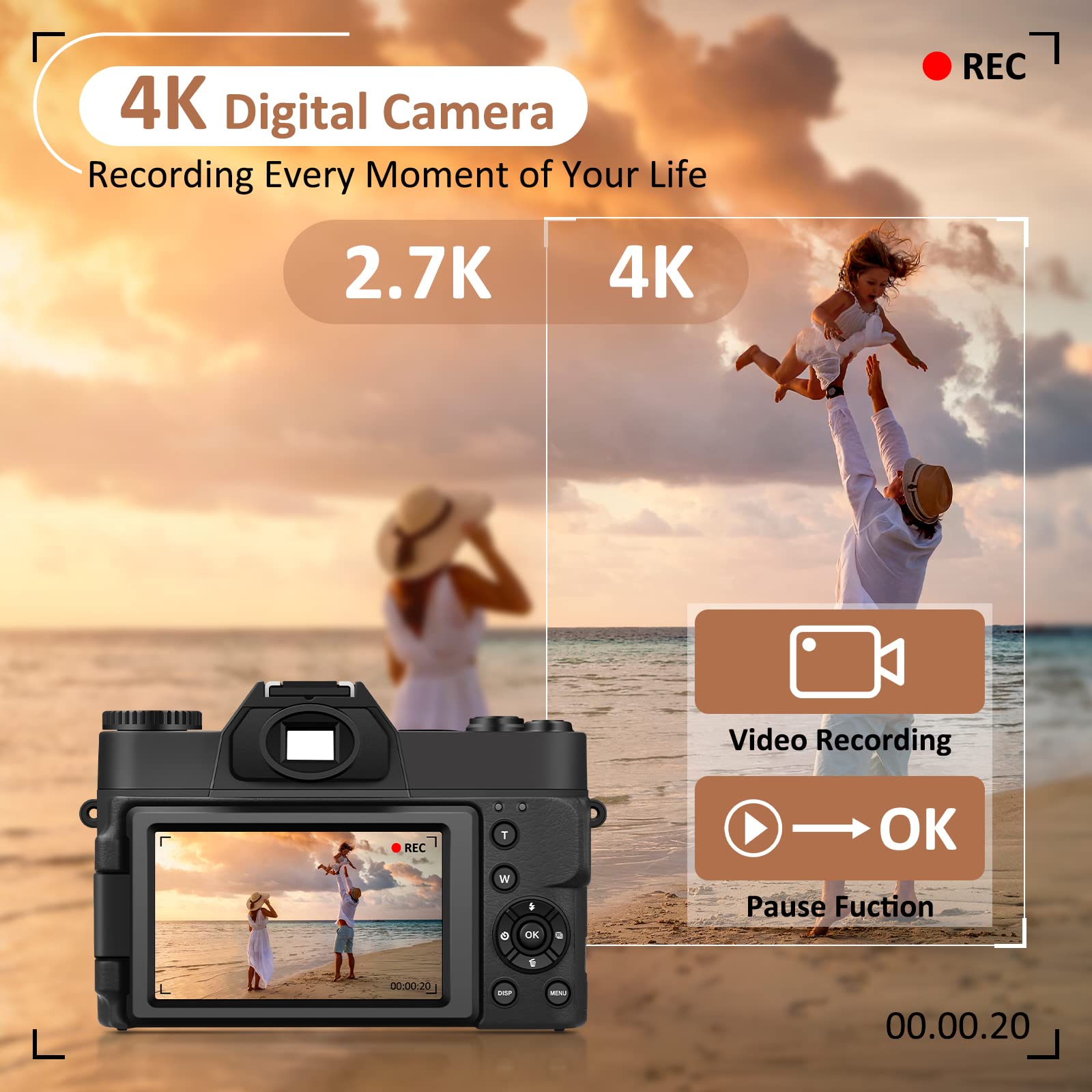 VENOAL 4K Digital Camera, Vlogging Camera for YouTube Compact Camera for Photography with 64GB SD Card 180°Flip Screen Point and Shoot Digital Cameras