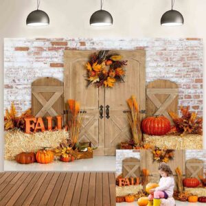 aibiin 10x7ft fall thanksgiving backdrop for photography autumn pumpkin harvest barn brick wall background rustic wooden door haystack landscape maple wreath portrait photoshoot prop studio banner