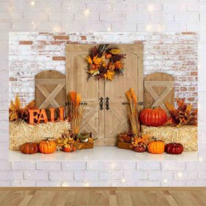 AIBIIN 10x7ft Fall Thanksgiving Backdrop for Photography Autumn Pumpkin Harvest Barn Brick Wall Background Rustic Wooden Door Haystack Landscape Maple Wreath Portrait Photoshoot Prop Studio Banner