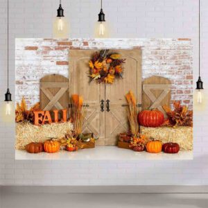 AIBIIN 10x7ft Fall Thanksgiving Backdrop for Photography Autumn Pumpkin Harvest Barn Brick Wall Background Rustic Wooden Door Haystack Landscape Maple Wreath Portrait Photoshoot Prop Studio Banner