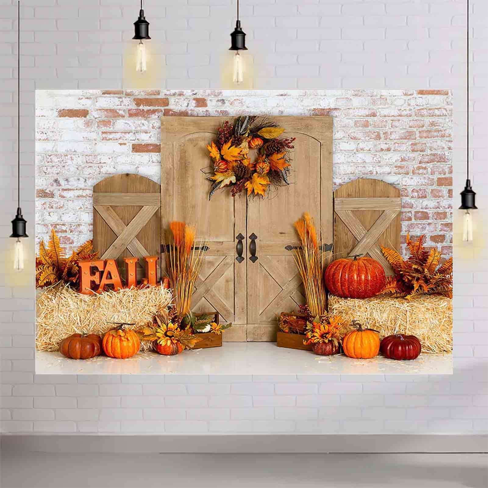 AIBIIN 10x7ft Fall Thanksgiving Backdrop for Photography Autumn Pumpkin Harvest Barn Brick Wall Background Rustic Wooden Door Haystack Landscape Maple Wreath Portrait Photoshoot Prop Studio Banner