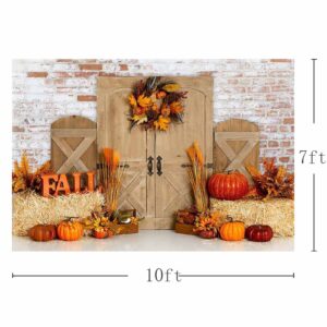 AIBIIN 10x7ft Fall Thanksgiving Backdrop for Photography Autumn Pumpkin Harvest Barn Brick Wall Background Rustic Wooden Door Haystack Landscape Maple Wreath Portrait Photoshoot Prop Studio Banner