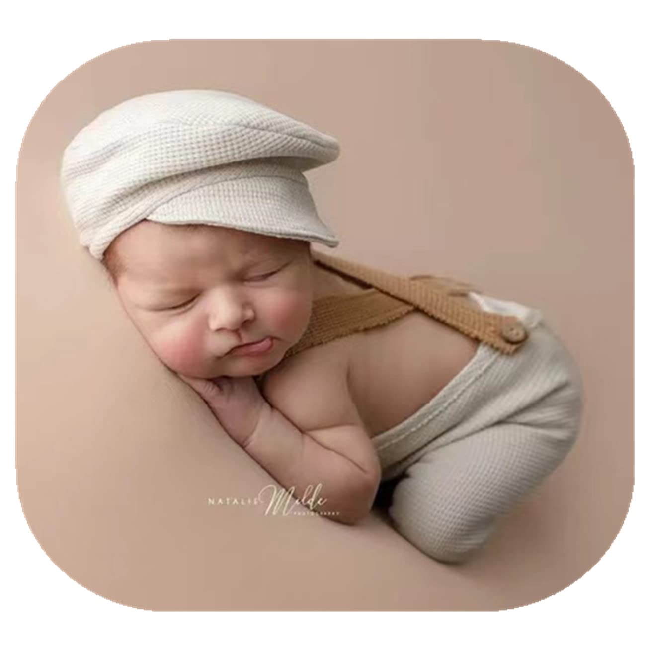 Coberllus Newborn Monthly Baby Photo Props Stripe Checked Fabric Flat Cap Newsboy Cap & Suspender Pants Romper for Photography Outfits (Light Beige)