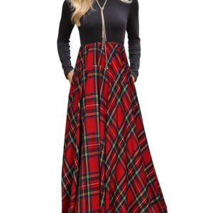 MEROKEETY Women's Plaid Long Sleeve Empire Waist Full Length Maxi Dress, Red#1, Large