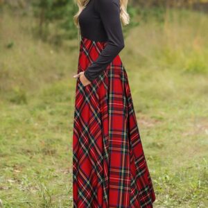 MEROKEETY Women's Plaid Long Sleeve Empire Waist Full Length Maxi Dress, Red#1, Large