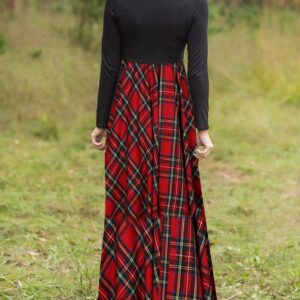 MEROKEETY Women's Plaid Long Sleeve Empire Waist Full Length Maxi Dress, Red#1, Large