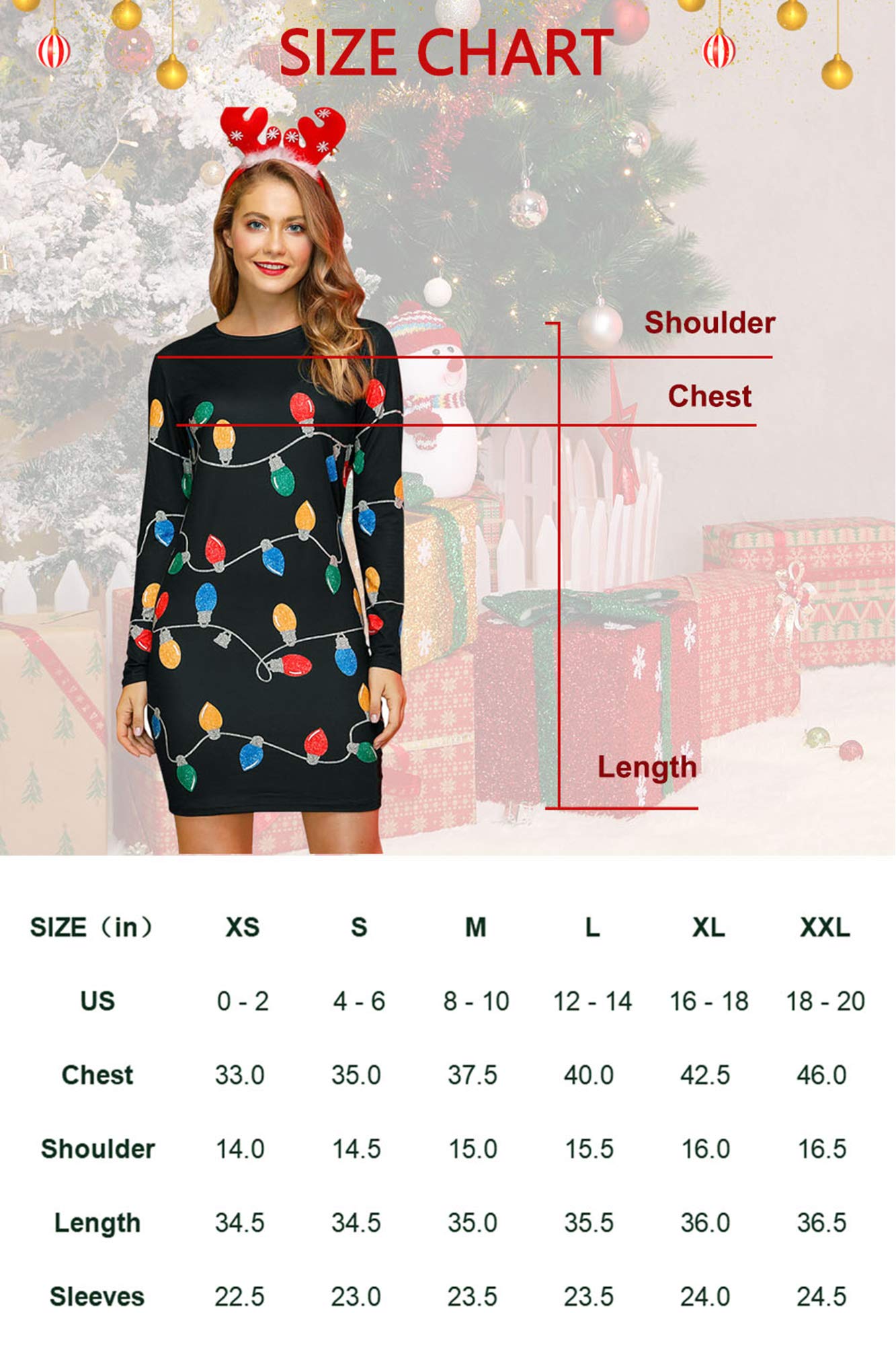 For G and PL Christmas Womens Long Sleeve Black Bodycon Costume Printed Dress Crewneck Pullover Outfits Light M