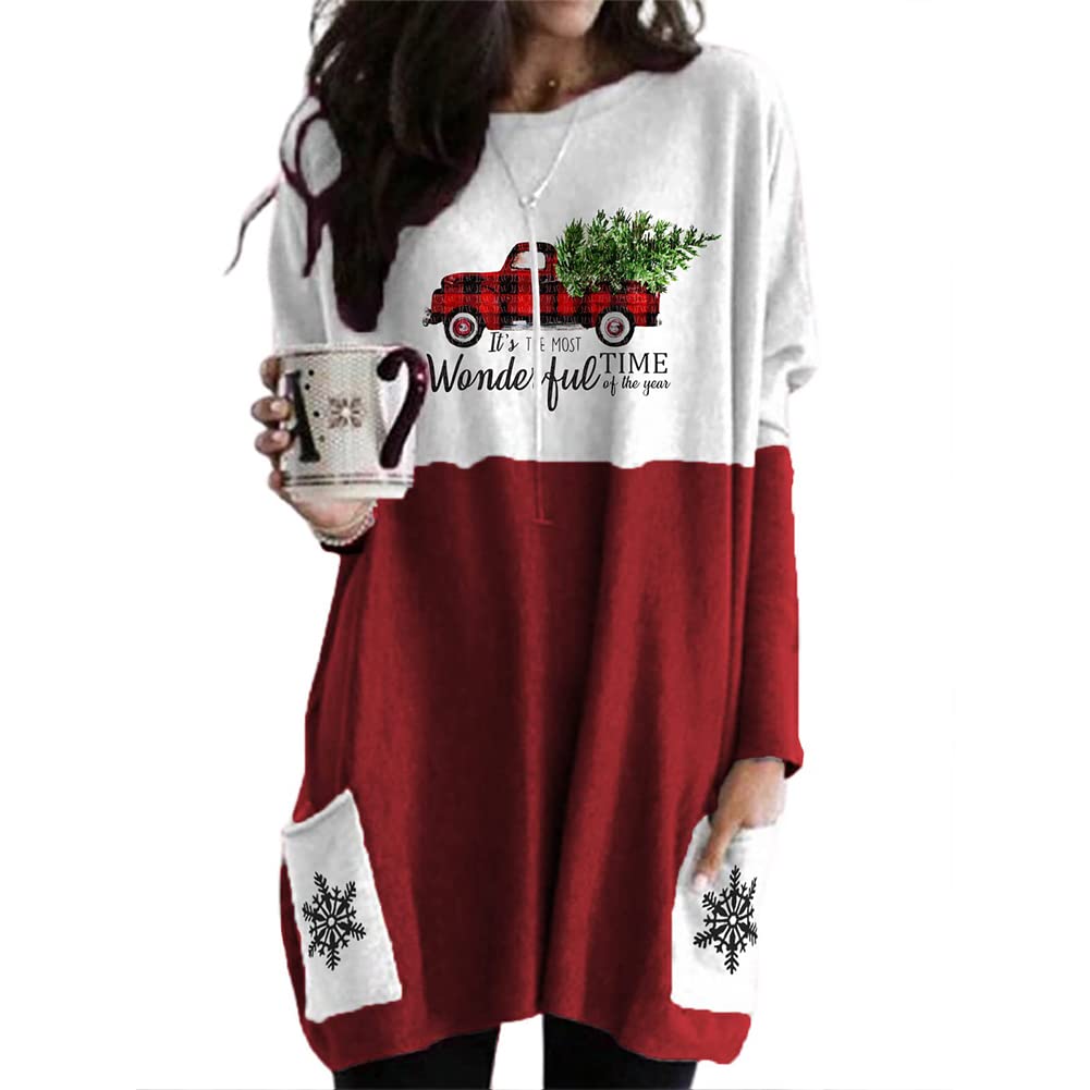 GLIGLITTR Women Christmas Shirt Xmas Tree Truck Crewneck Sweatshirt Plaid T-Shirt Dress Long Sleeve Blouse Pullover Tops(Truck,Large)