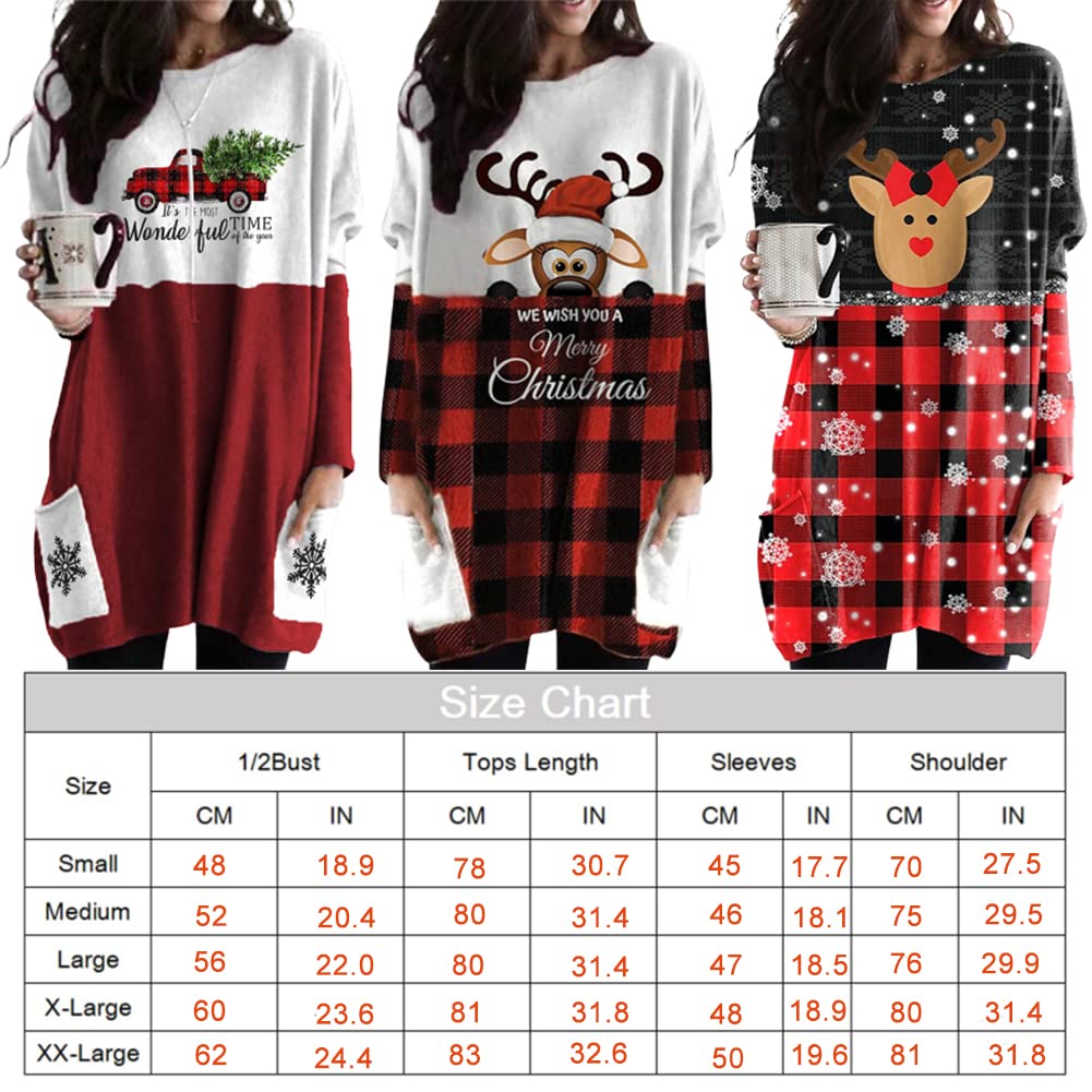 GLIGLITTR Women Christmas Shirt Xmas Tree Truck Crewneck Sweatshirt Plaid T-Shirt Dress Long Sleeve Blouse Pullover Tops(Truck,Large)