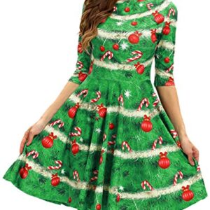 GLUDEAR Christmas Dress, Womens Xmas Tree Printed Gifts A-Line Party Cocktail Dress,Ugly Christmas Tree,L/XL