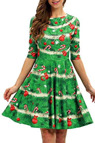 GLUDEAR Christmas Dress, Womens Xmas Tree Printed Gifts A-Line Party Cocktail Dress,Ugly Christmas Tree,L/XL