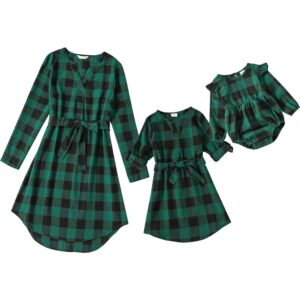 mommy and me christmas dresses long sleeve santa claus green red black buffalo plaid velvet dress fall winter xmas holiday party mom daughter matching outfits photoshoot green black plaid 8-9 years