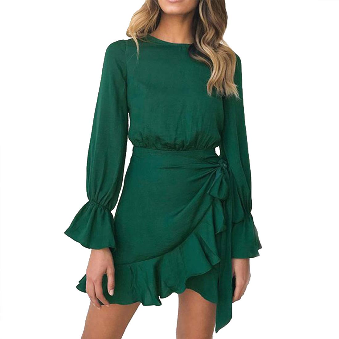 WEEPINLEE Womens Long Sleeve Round Neck Ruffles Wrap Dresses Party Dress (Dark Green,M)