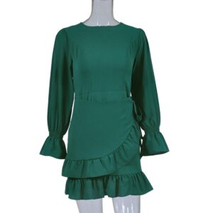 WEEPINLEE Womens Long Sleeve Round Neck Ruffles Wrap Dresses Party Dress (Dark Green,M)