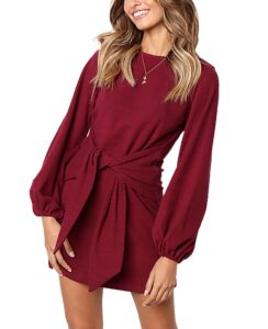 prettygarden women's elegant long lantern sleeve short dress crewneck tie waist knit cocktail dress (wine red,large)