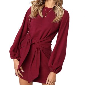 PRETTYGARDEN Women's Elegant Long Lantern Sleeve Short Dress Crewneck Tie Waist Knit Cocktail Dress (Wine Red,Large)