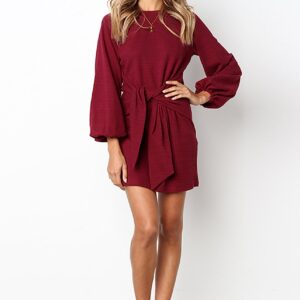 PRETTYGARDEN Women's Elegant Long Lantern Sleeve Short Dress Crewneck Tie Waist Knit Cocktail Dress (Wine Red,Large)