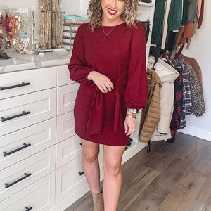 PRETTYGARDEN Women's Elegant Long Lantern Sleeve Short Dress Crewneck Tie Waist Knit Cocktail Dress (Wine Red,Large)