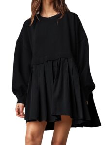 dokuritu sweatshirt dress women crew neck long sleeve patchwork pullover tops flowy oversized sweatshirt mini dress black