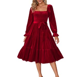 Amegoya Women's Fall Wedding Guest Long Sleeve Velvet Dress Elegant Square Neck Semi Formal Party Midi Bridesmaid Dresses (M Red)