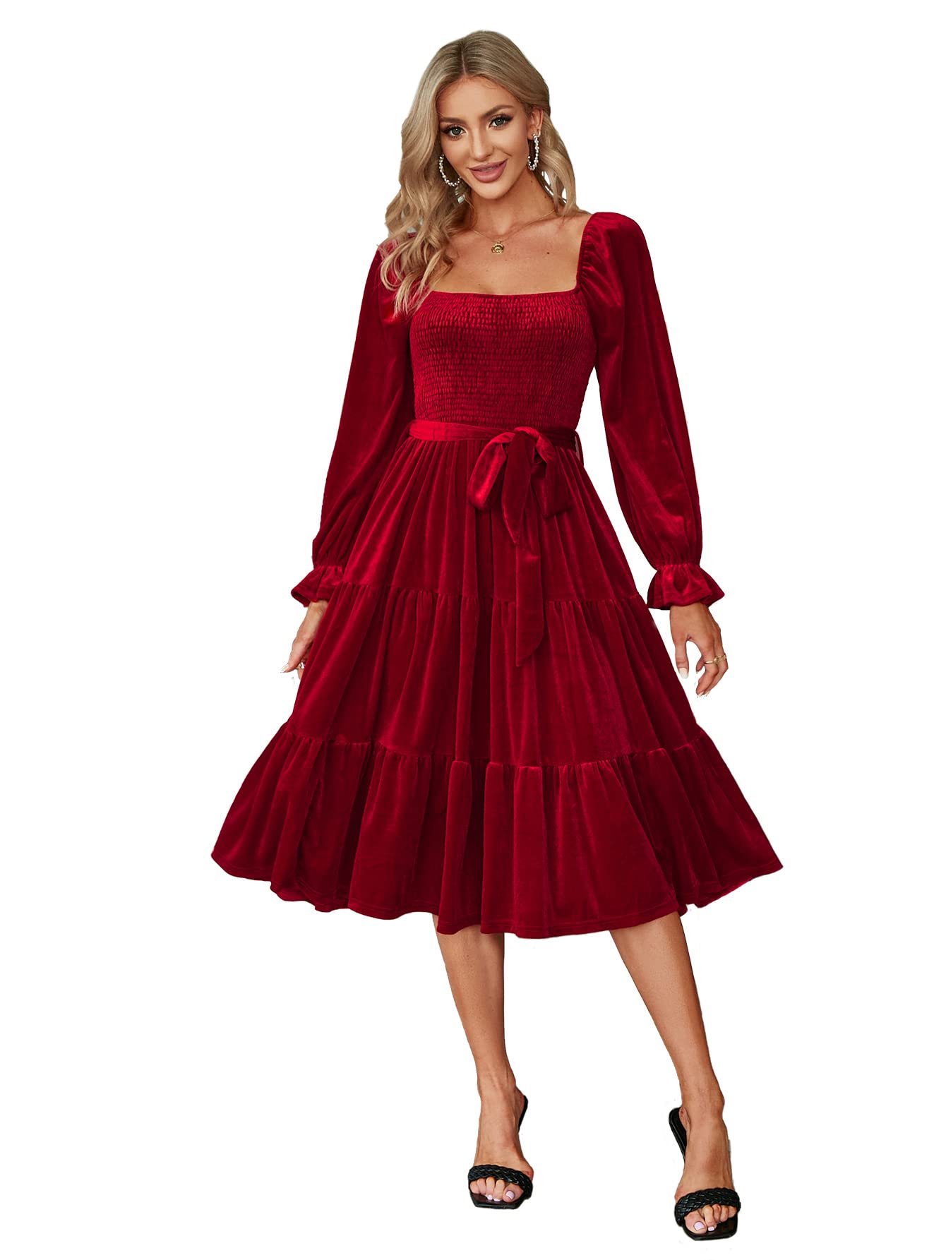 Amegoya Women's Fall Wedding Guest Long Sleeve Velvet Dress Elegant Square Neck Semi Formal Party Midi Bridesmaid Dresses (M Red)