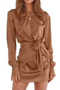 prettygarden women's spring satin dress long sleeve tie waist elegant cocktail party mini fall dresses(khaki,small)